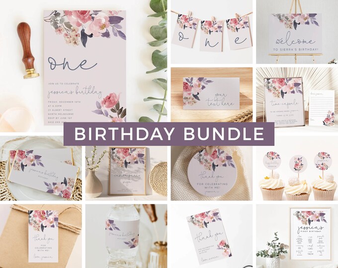 EDITABLE Blush Pink Floral Party Package, Printable Decorations, 1st ...