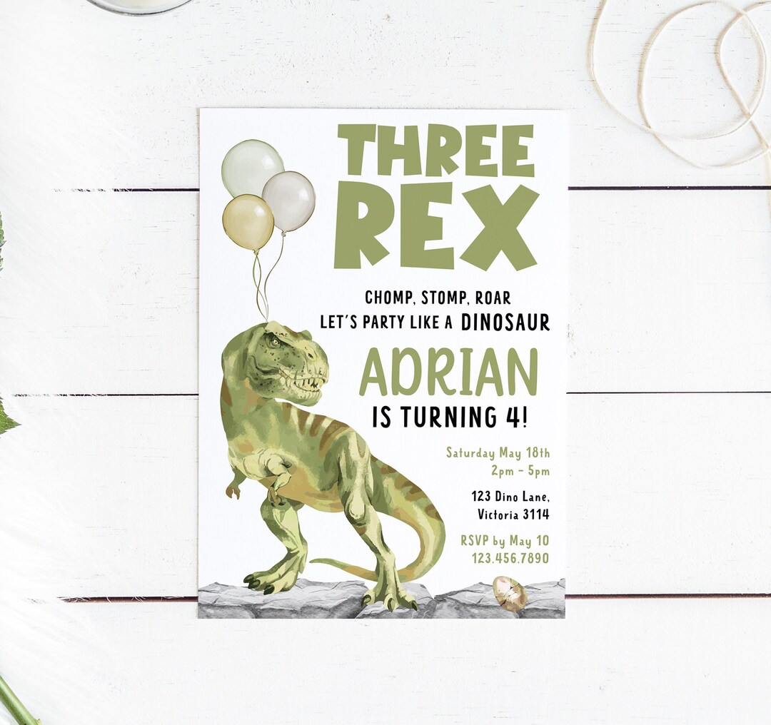 Editable Three Rex Invitation Template, Dinosaur Birthday Invitation ...