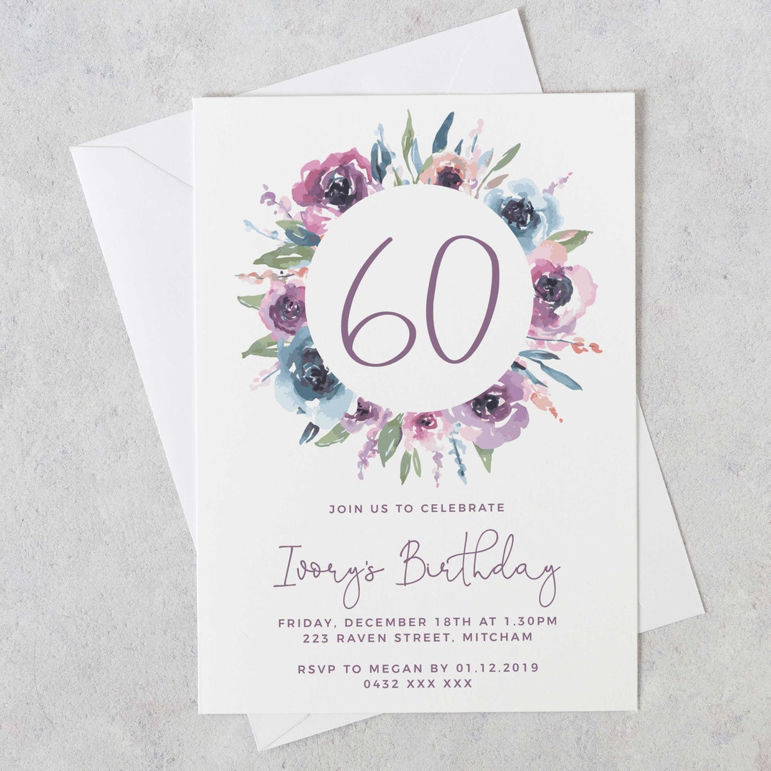 Modern Birthday Invitation, Floral Wreath Editable Template Purple ...