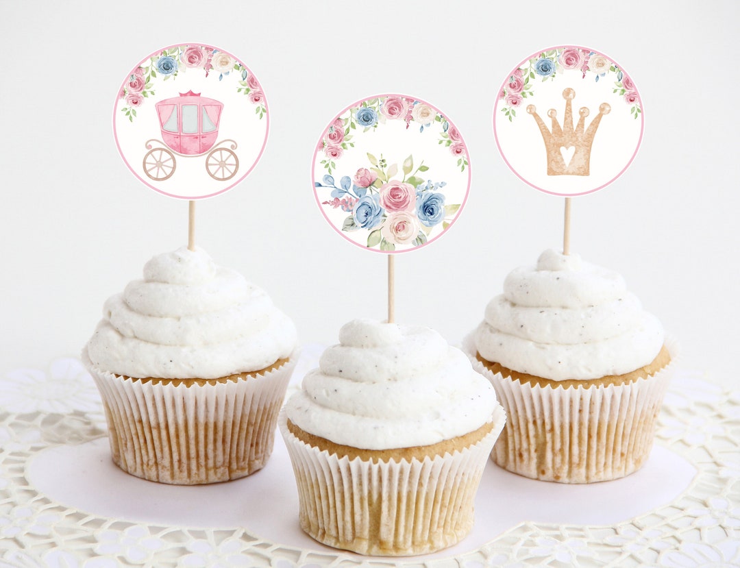 Princess Cupcake Toppers, Girls Watercolor Floral Royal Pink Party ...