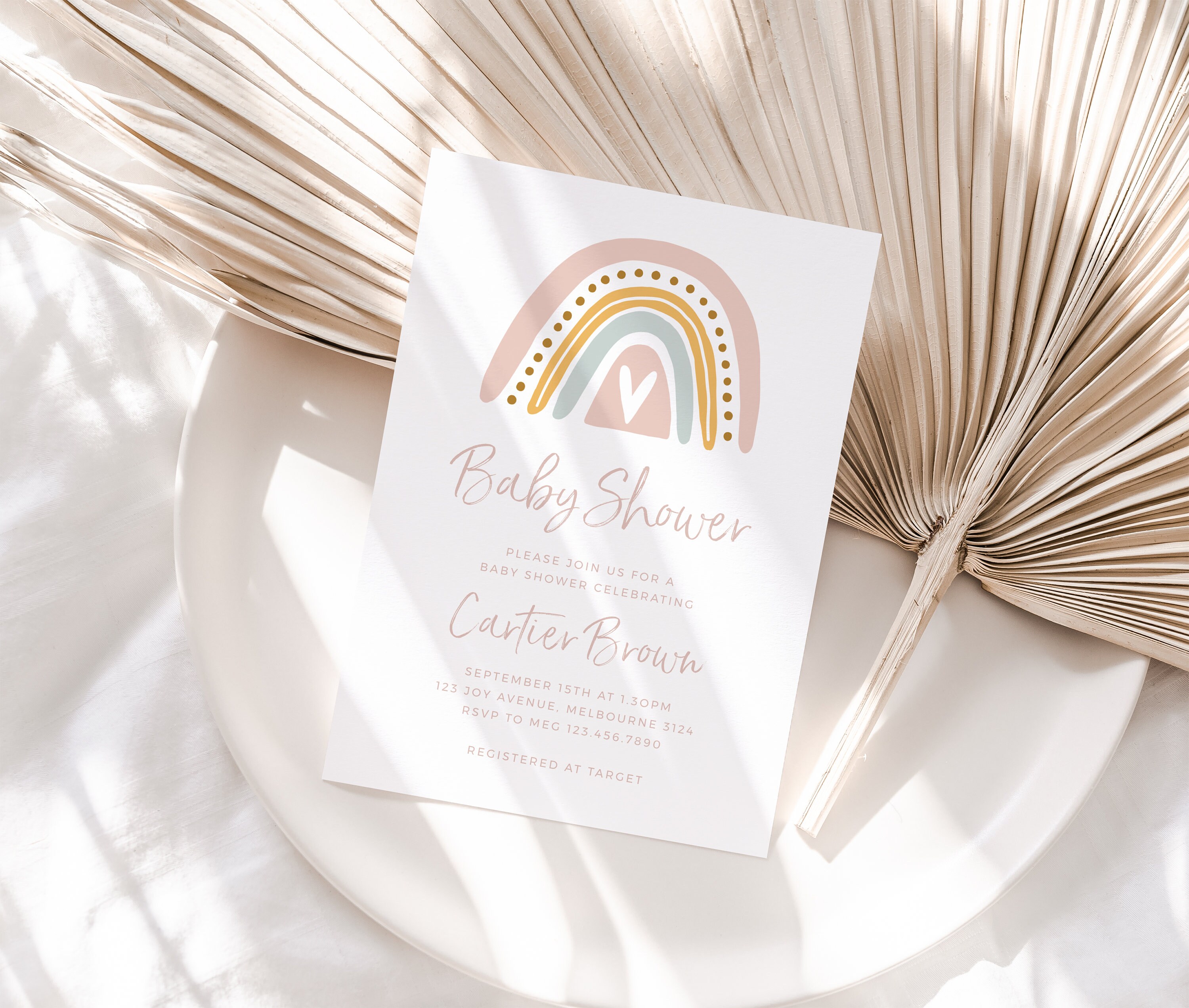 Editable Pastel Rainbow Baby Shower Invitation Boho Rainbow Baby Shower ...