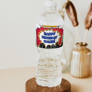 Water Bottle Label, Superhero Comic Book Kids Boys Party Decor Editable ...