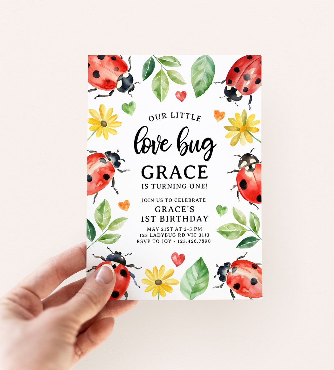 Ladybug Party Invitation for Girls, Love Bug 1st First Birthday Editable Spring Summer Ladybird ...