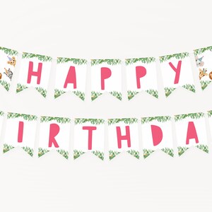 Happy Birthday Banner Garland Template, Safari Animals Pink Wild One ...