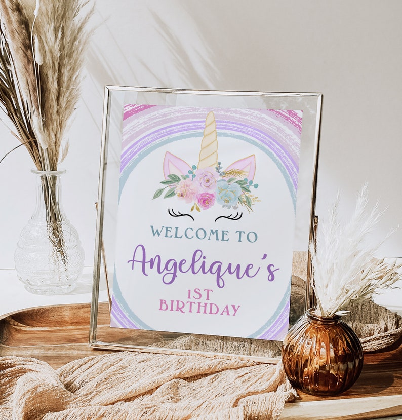 Rainbow Unicorn 1st Birthday Sign, Editable Printable Template Welcome ...