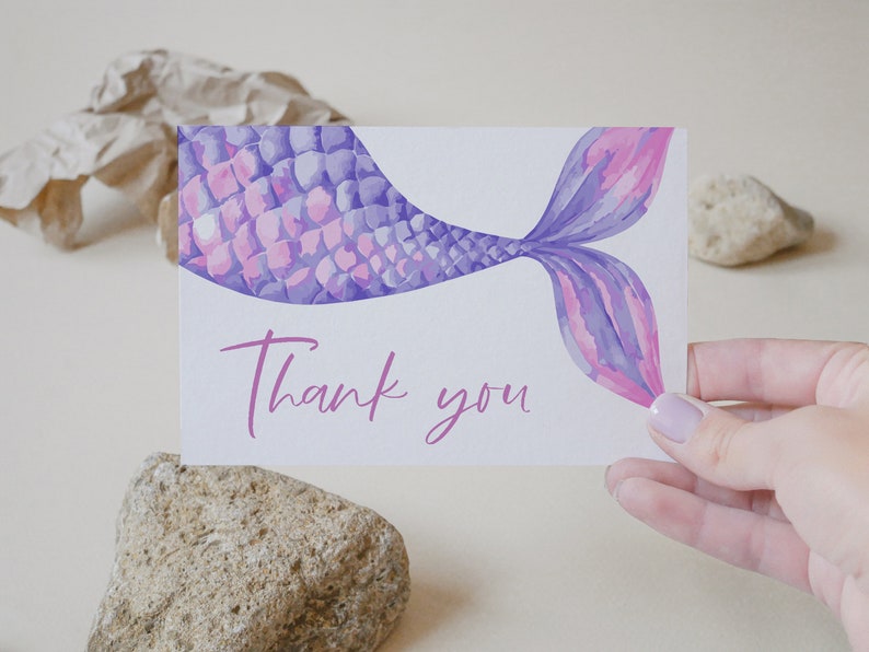 Mermaid Thank You Under the Sea Thank You Card Purple Pink Thank You ...