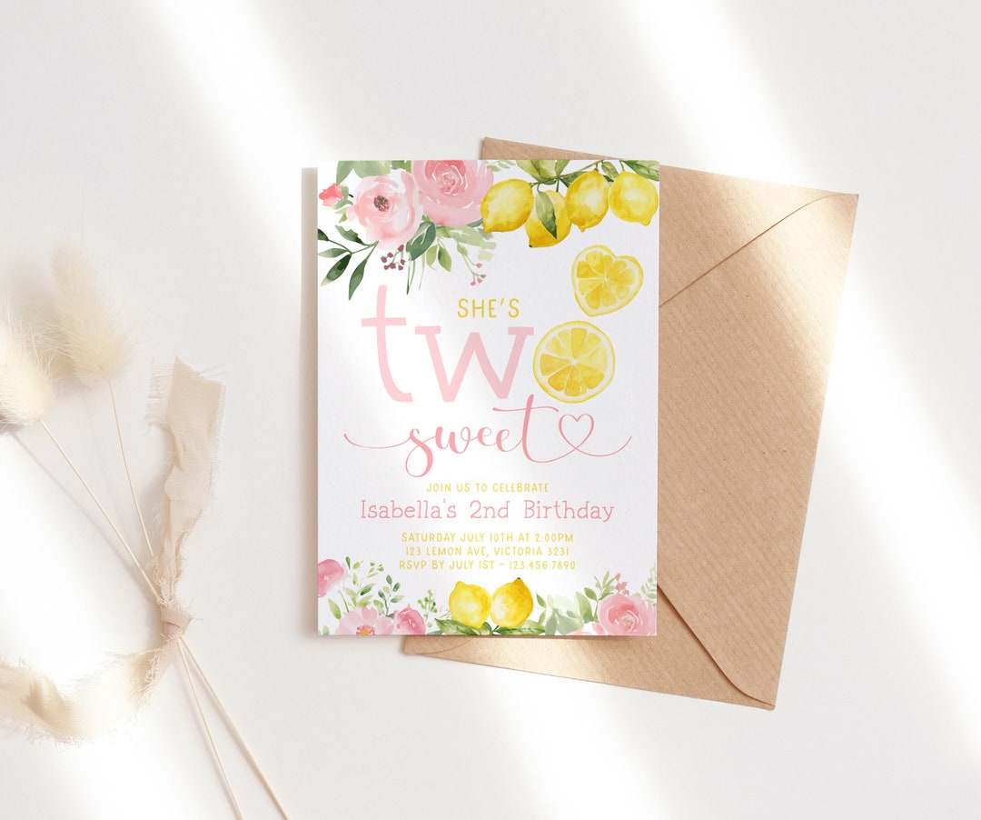 Lemon Floral 2nd Birthday Invitation, Two Sweet Pink Summer Sunshine ...