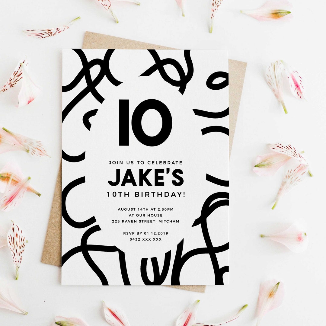 Editable Black & White 10th Birthday Party Invitation Download ...