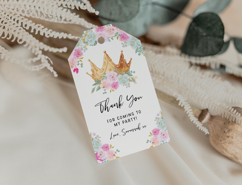 Princess Birthday Tag Template, Princess Party Thank You Tag, Floral ...