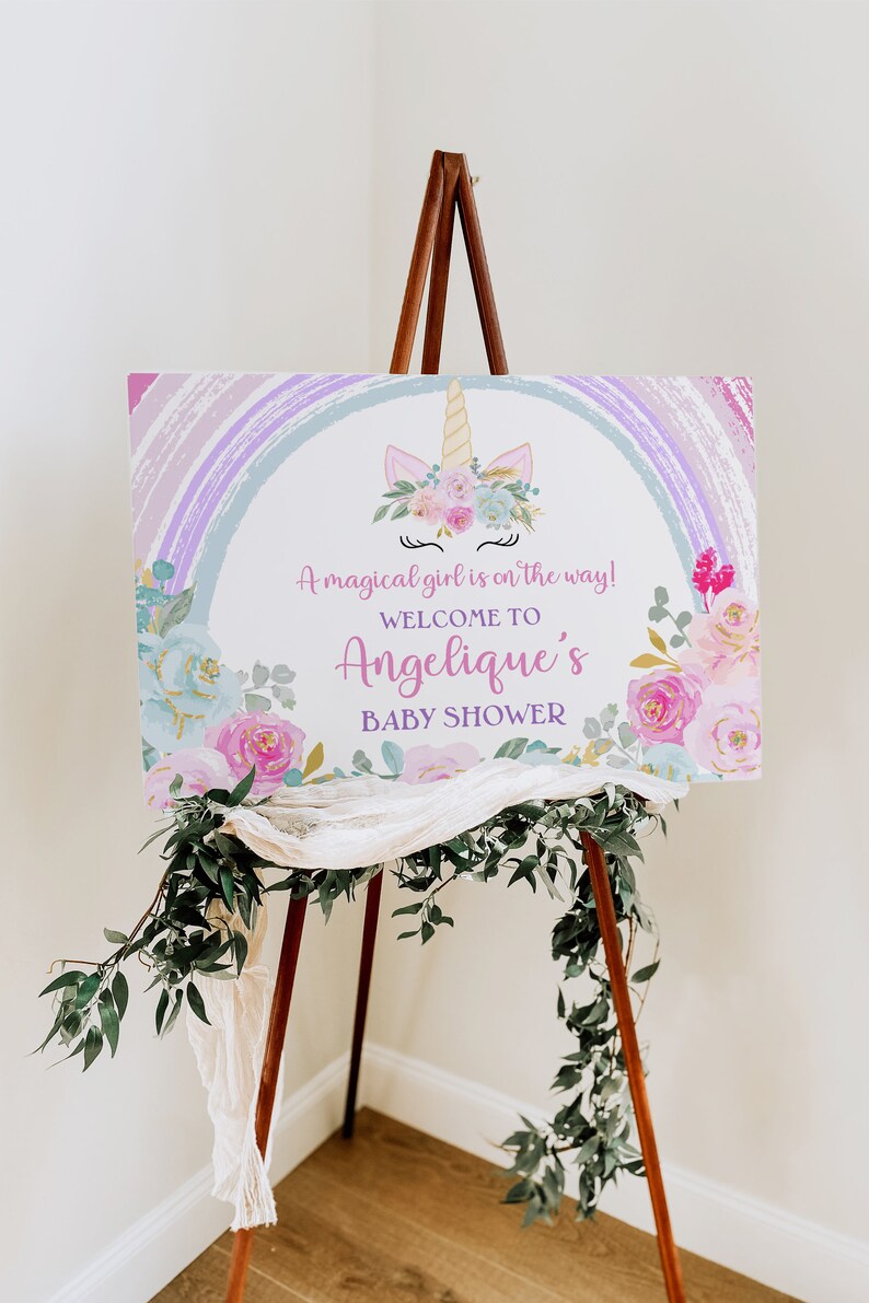Baby Shower Welcome Sign, Rainbow Unicorn Floral Pink & Purple Editable ...
