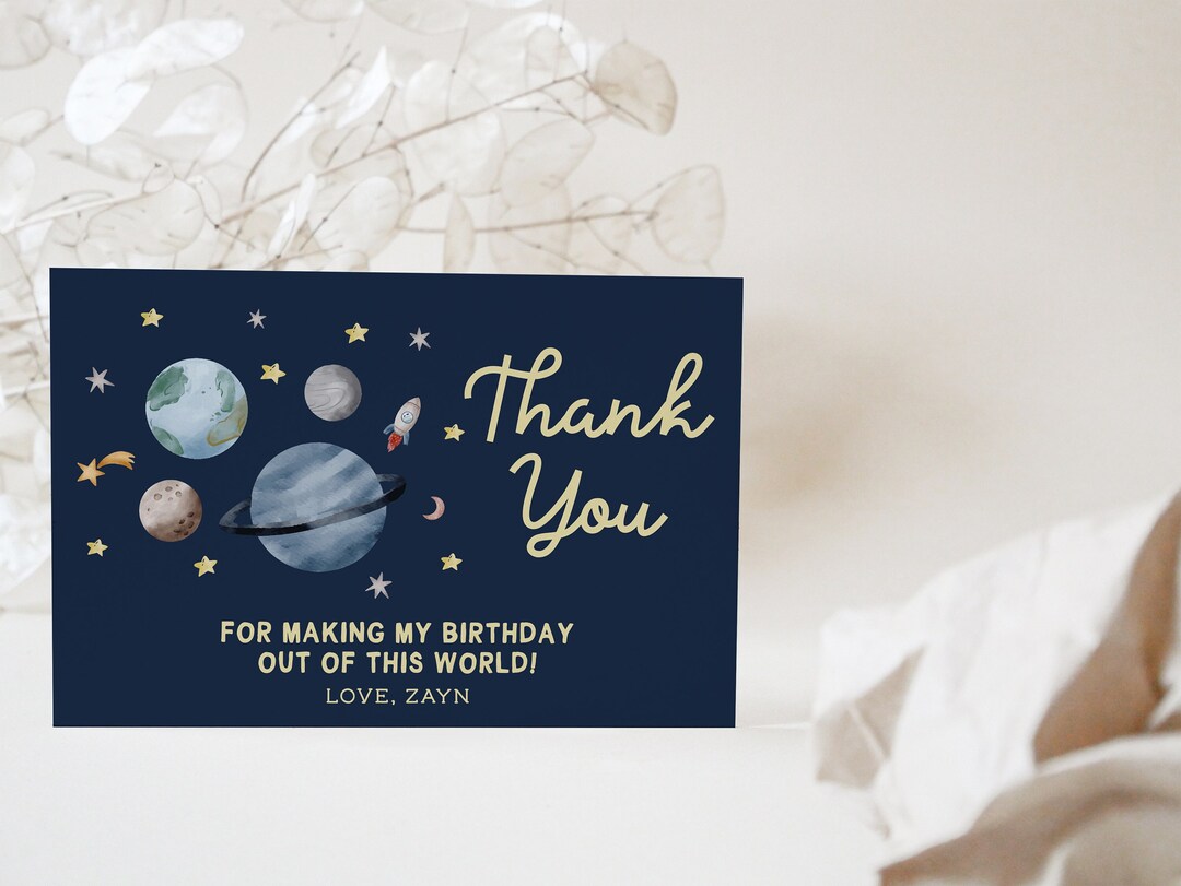 Editable Space Birthday Thank You Card Astronaut Galaxy Blue Planets ...
