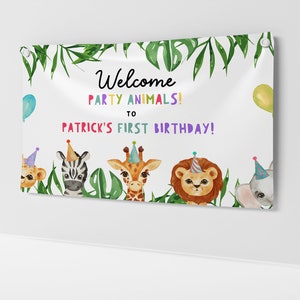 Editable Party Animals Birthday Backdrop Banner, Safari Animals Welcome ...