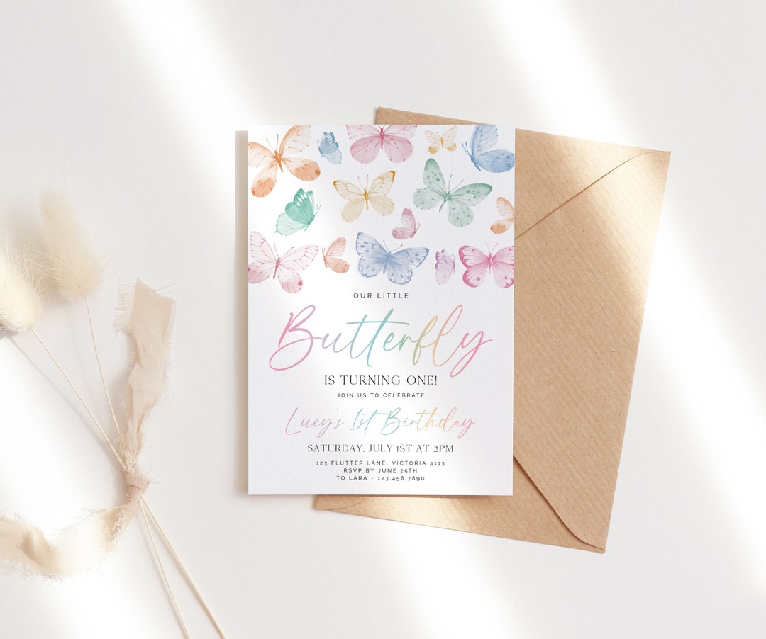 Butterfly Birthday Invitation, Pastel Rainbow Butterfly Party Invite ...