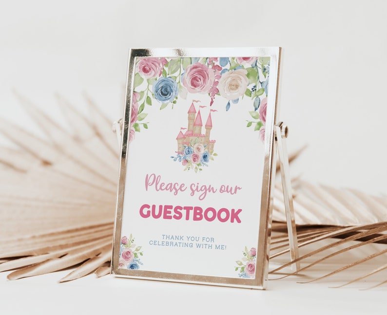Princess Party Table Sign, Girls Watercolor Floral Pink Custom 8x10 ...