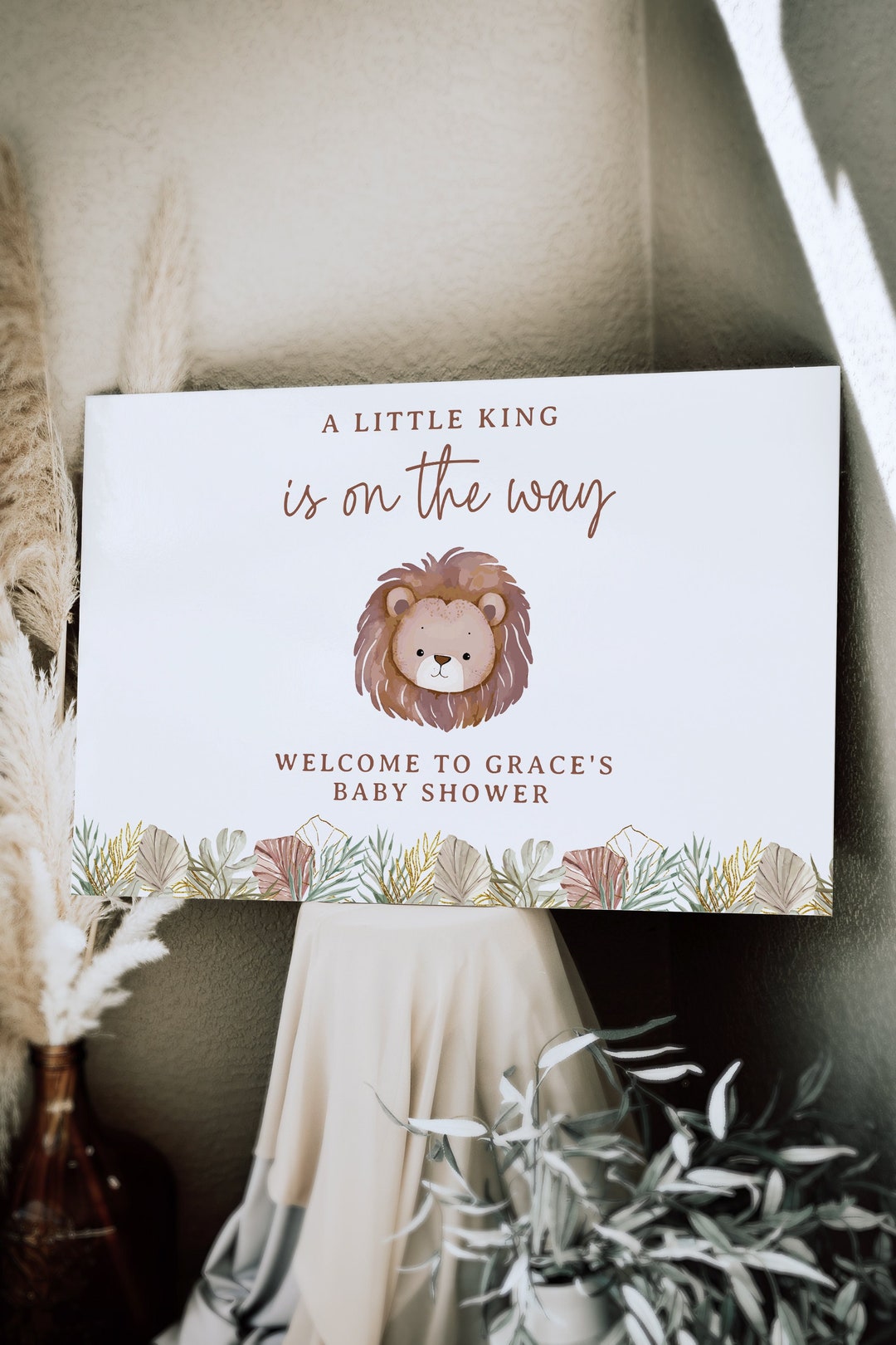 Lion Baby Shower Welcome Sign, Lion King Safari Jungle Boho Gold Leaf ...