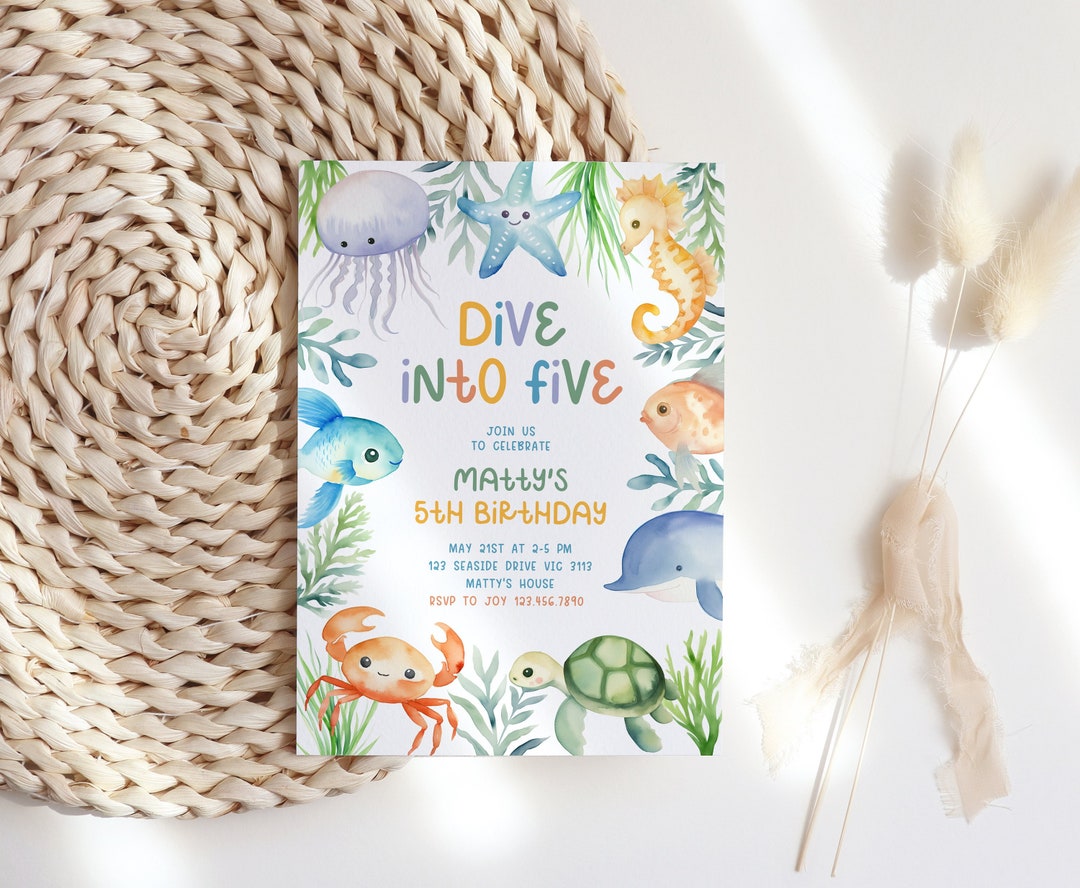 Dive Into Five Birthday Invitation, Under the Sea Editable Template ...