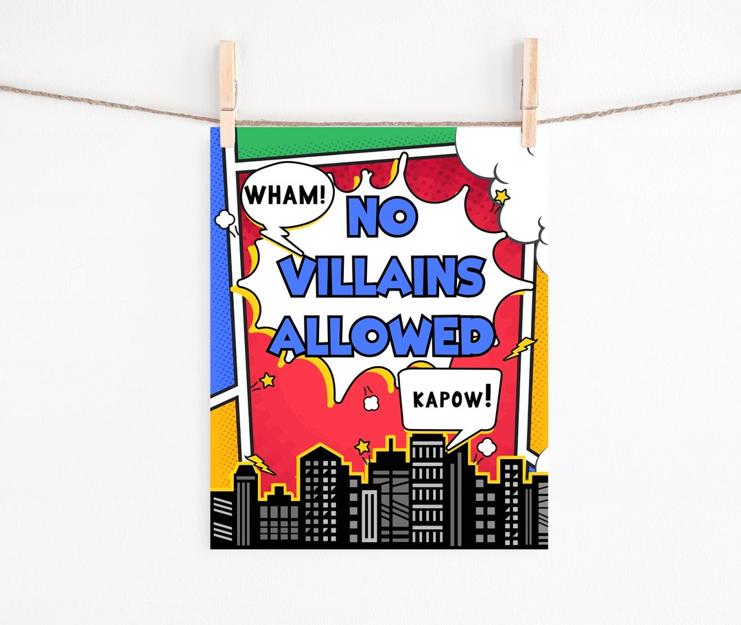 No Villains Allowed Party Sign, Superhero Comic Book Decor Kids Boys ...