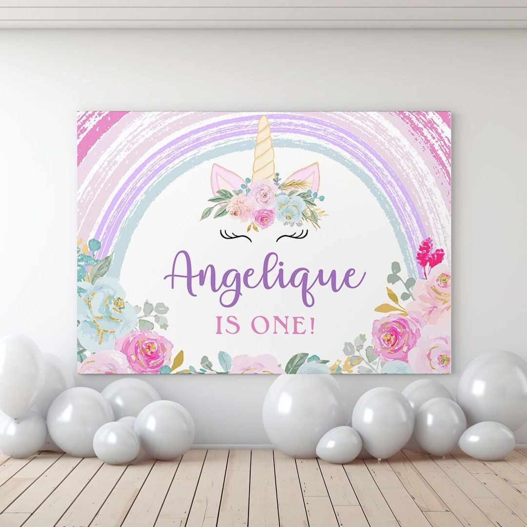 Editable Unicorn Birthday Backdrop, Instant Download Printable Rainbow ...