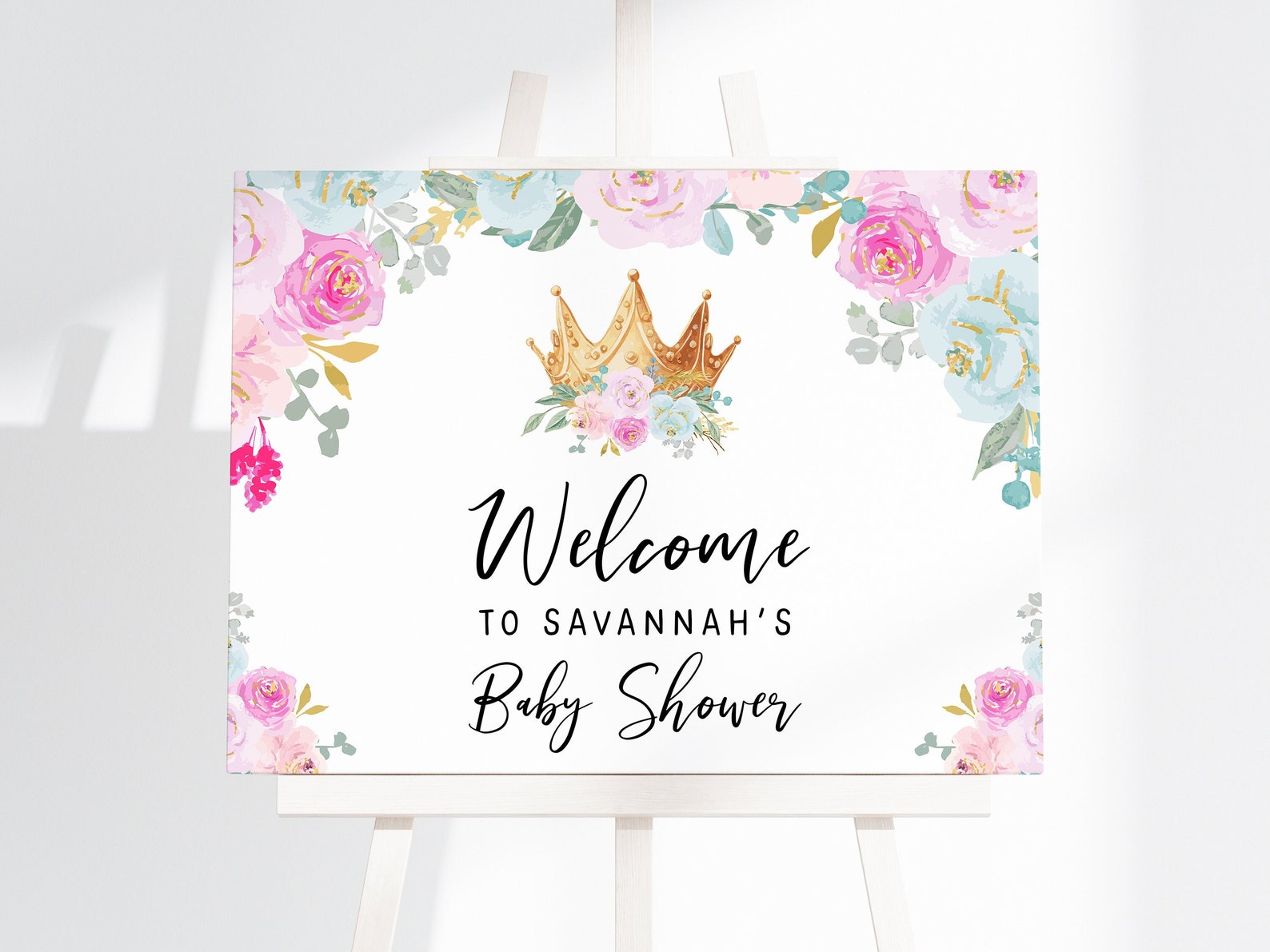 Editable Princess Baby Shower Welcome Sign, Pink Floral Gold Crown ...