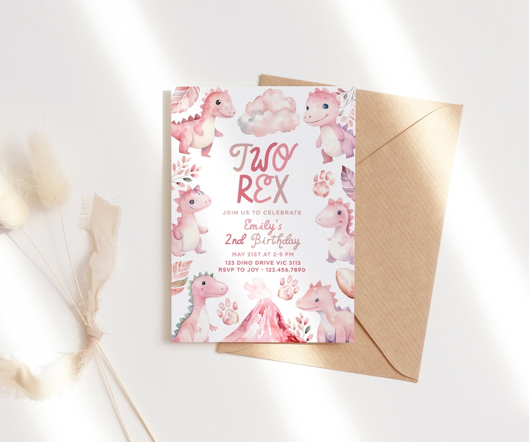 Invitación de 2o cumpleaños de Two-Rex, dinosaurio rosa acuarela floral ...