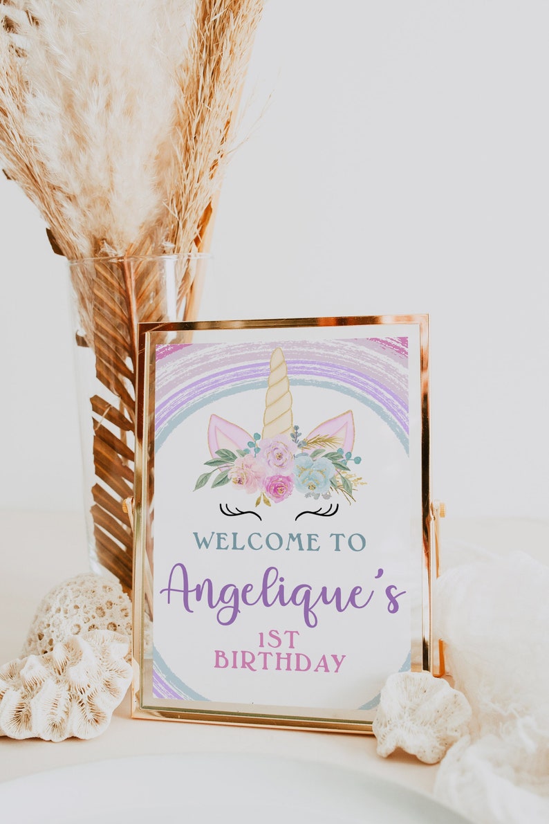 Rainbow Unicorn 1st Birthday Sign, Editable Printable Template Welcome ...