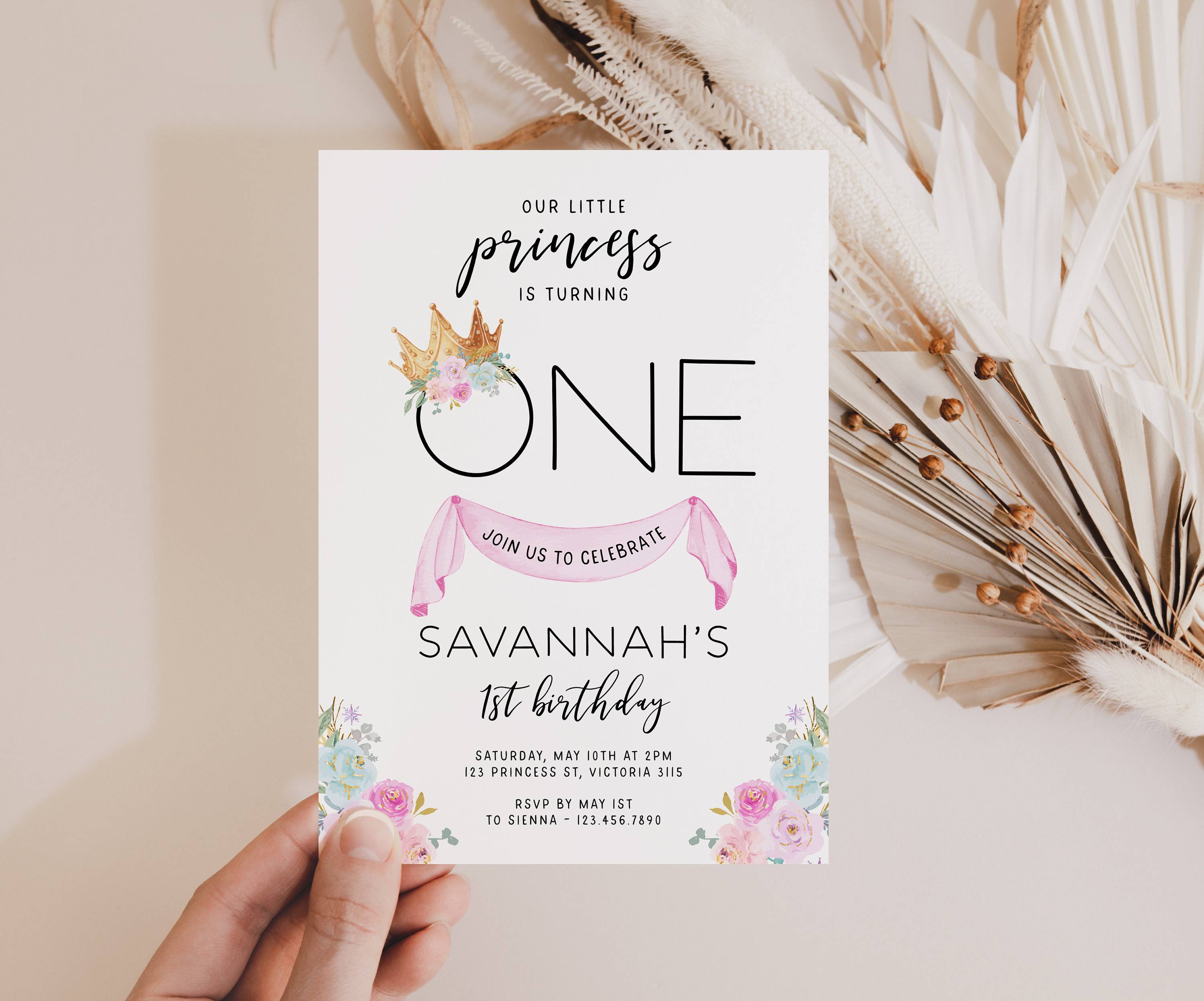 Princess 1st Birthday Invitation, Editable Princess Party Invitation ...