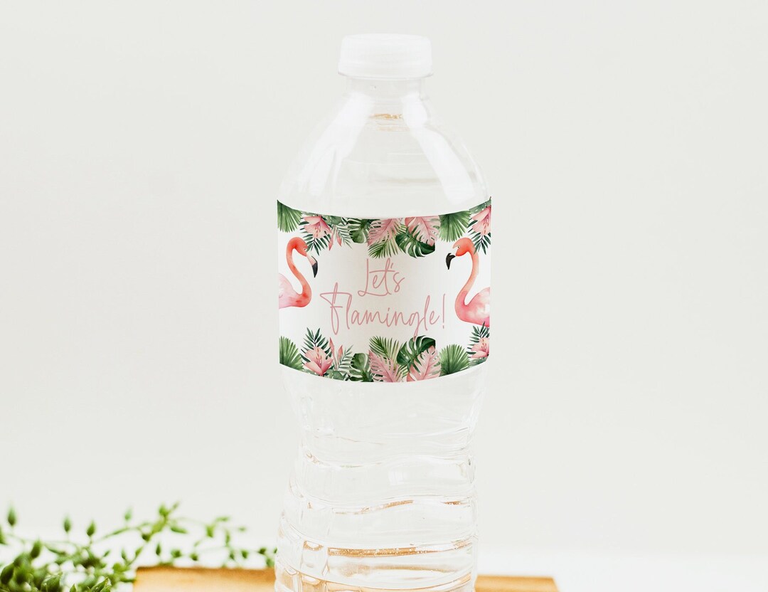 Flamingo Bottle Wrap, Editable Tropical Leaf Water Bottle Sticker ...
