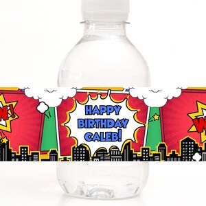 Water Bottle Label, Superhero Comic Book Kids Boys Party Decor Editable ...