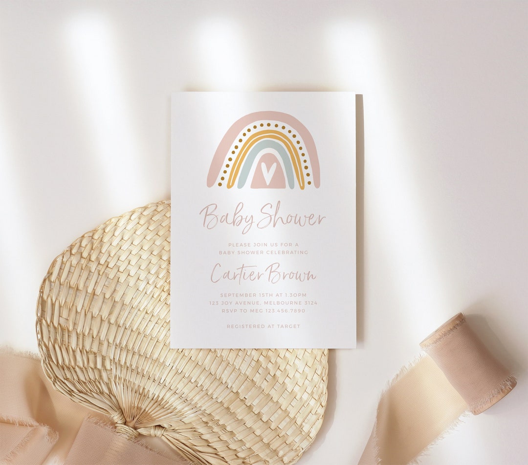 Editable Pastel Rainbow Baby Shower Invitation Boho Rainbow Baby Shower ...
