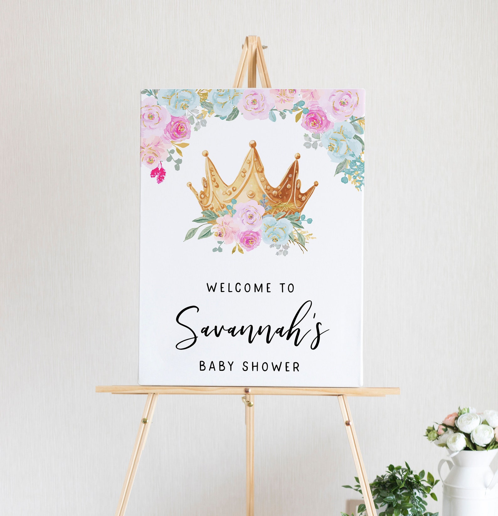 Editable Princess Baby Shower Welcome Sign, Pink Floral Gold Crown ...