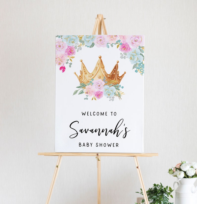 Editable Princess Baby Shower Welcome Sign, Pink Floral Gold Crown ...