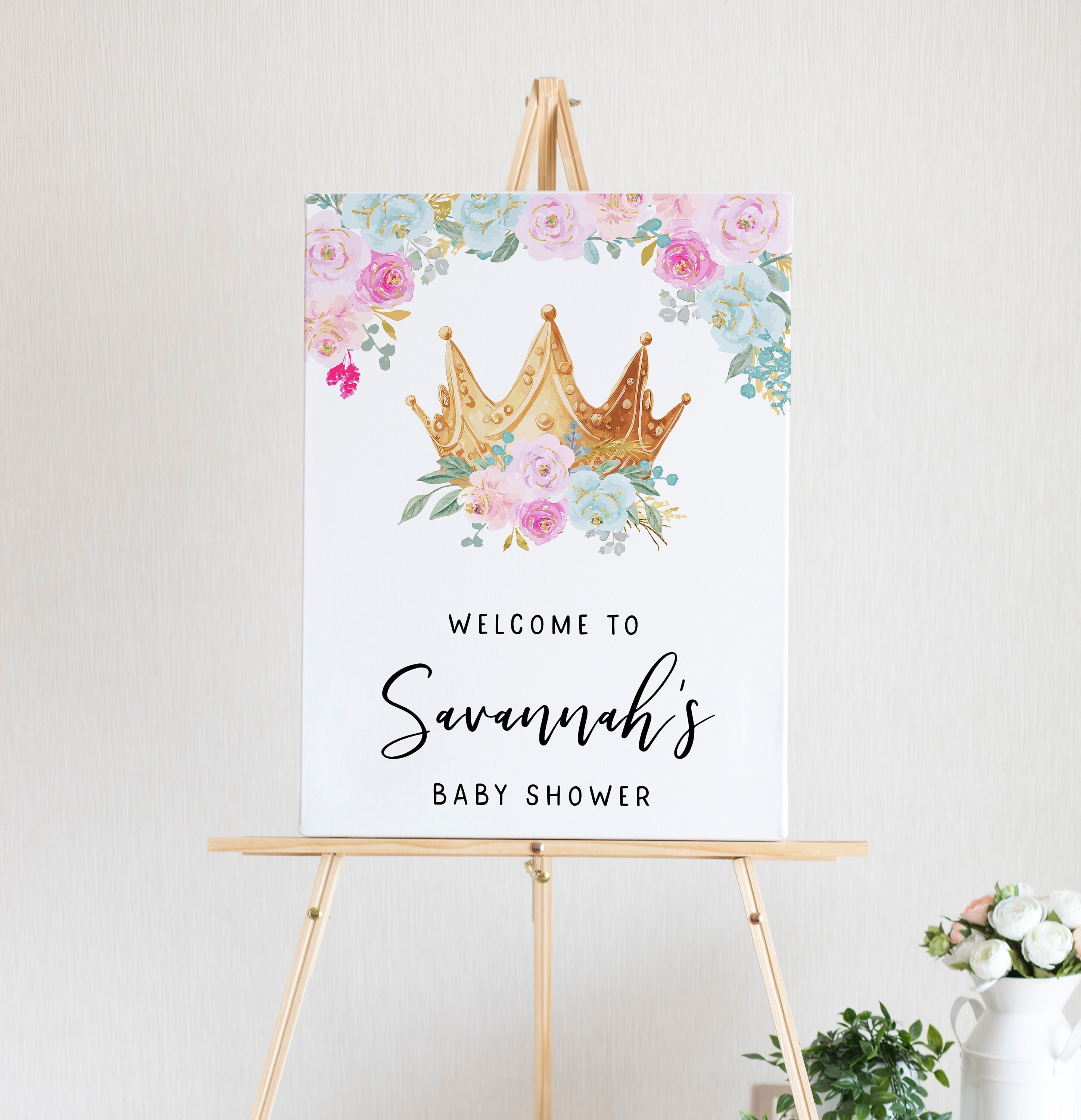 Editable Princess Baby Shower Welcome Sign, Pink Floral Gold Crown ...