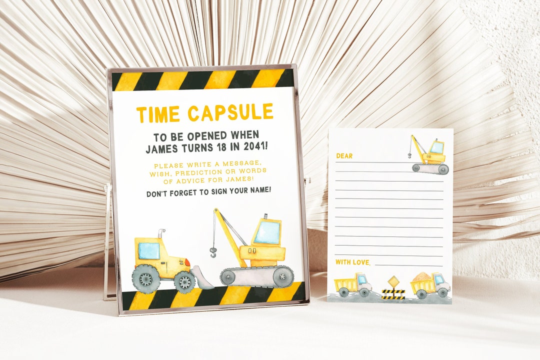Construction Time Capsule Template, 1st Birthday Digger Truck Time ...