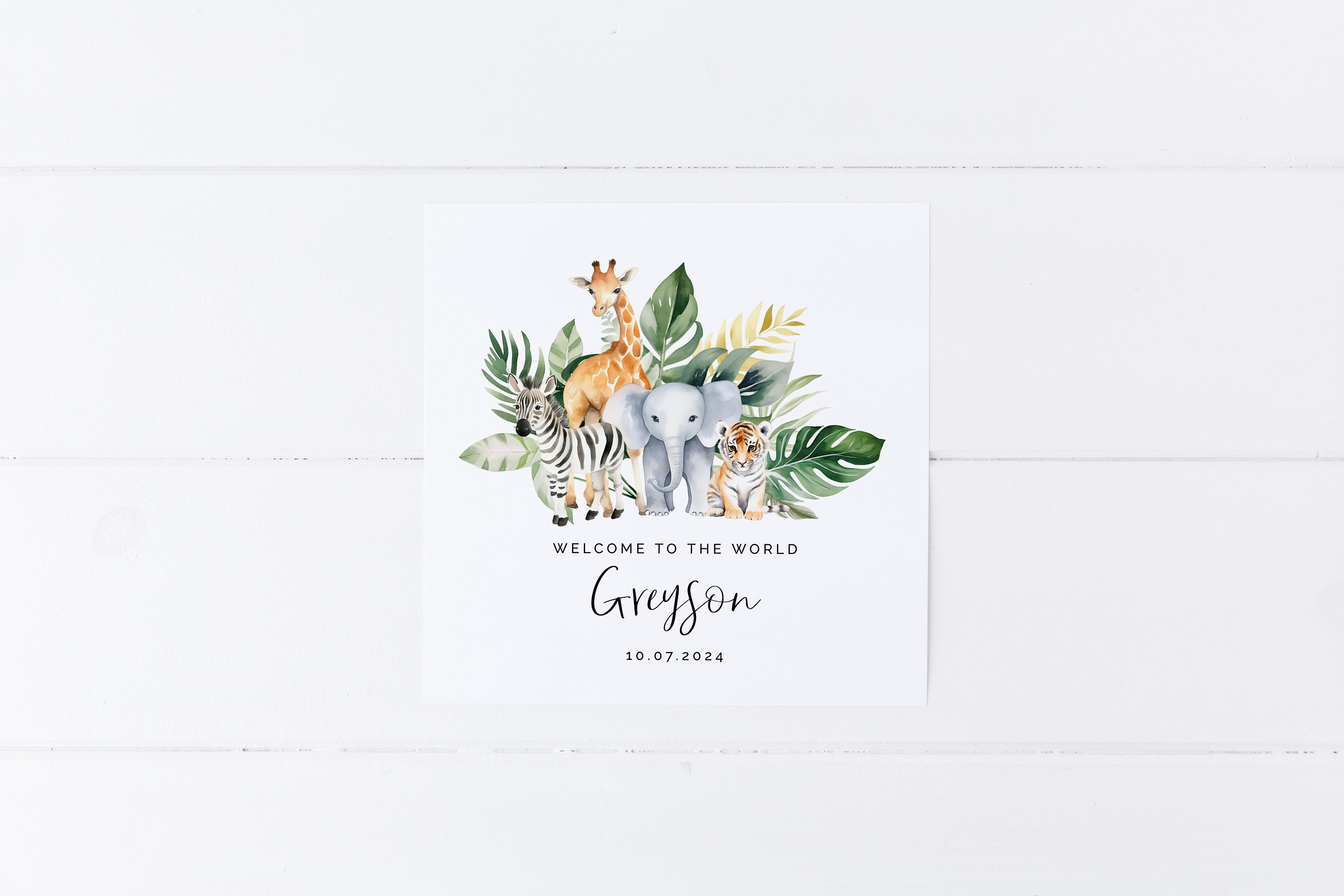 New Baby Card, Custom Safari Animal Greeting Card, Welcome to the World ...