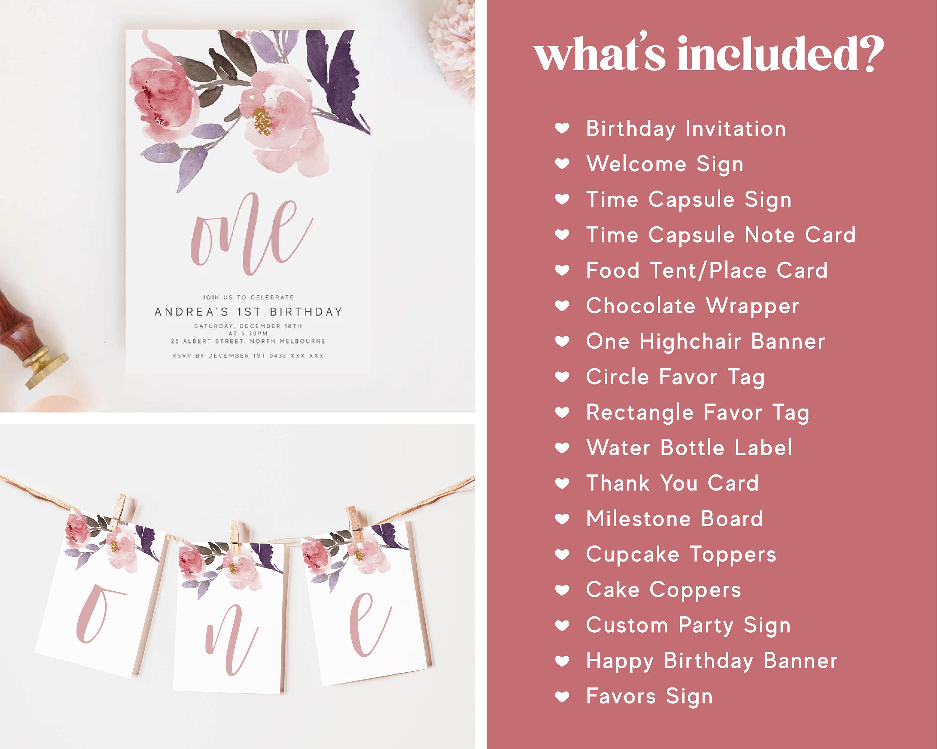 Editable Blush Pink Floral Party Package, Printable Decorations, 1st ...
