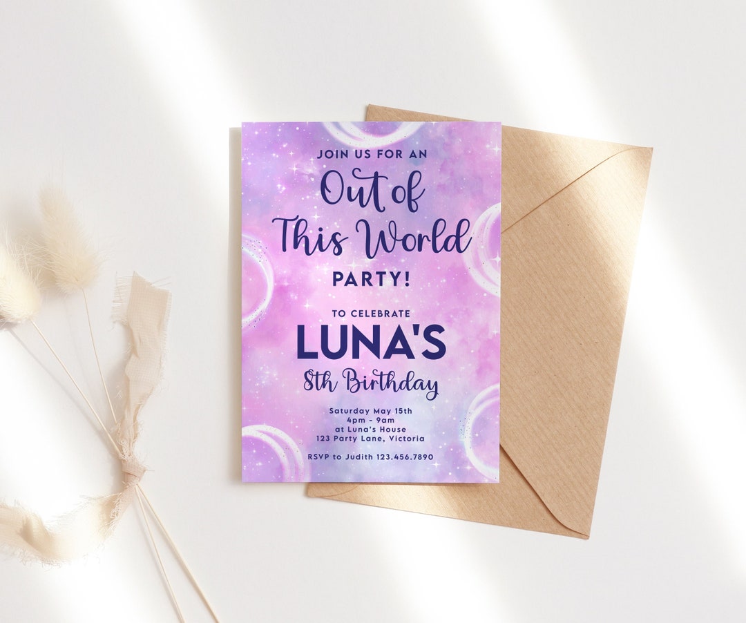 Galaxy Birthday Invitation, Outer Space Galactic Girls Pink Purple ...