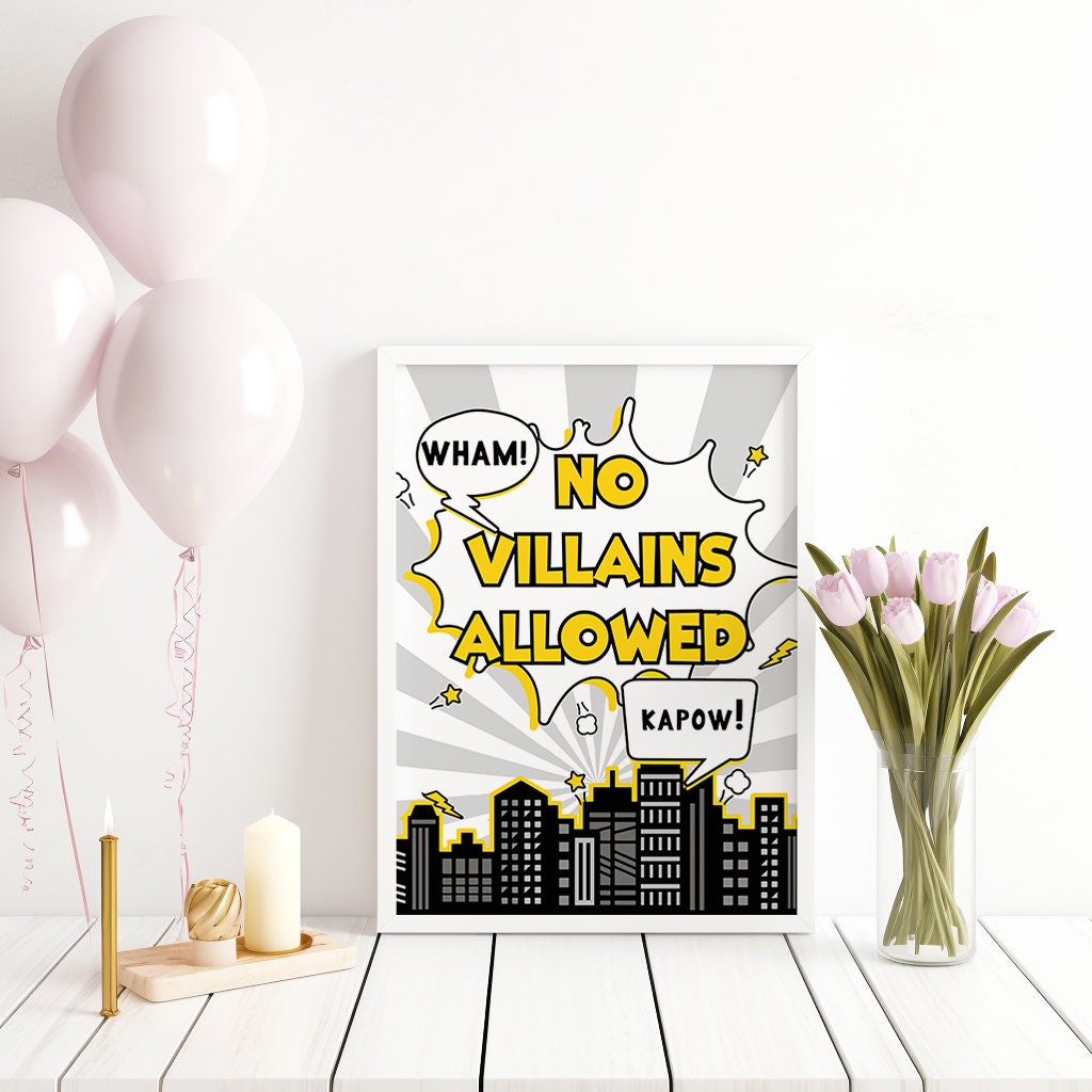 No Villains Allowed 8x10 Sign, Superhero Boys Birthday Decor Comic Book ...