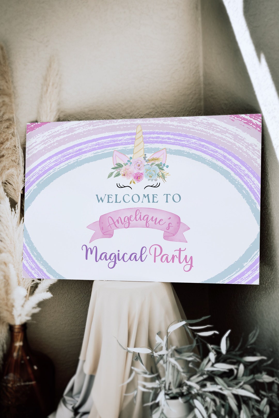 Rainbow Unicorn Birthday Welcome Sign, Floral Pink & Purple Editable ...