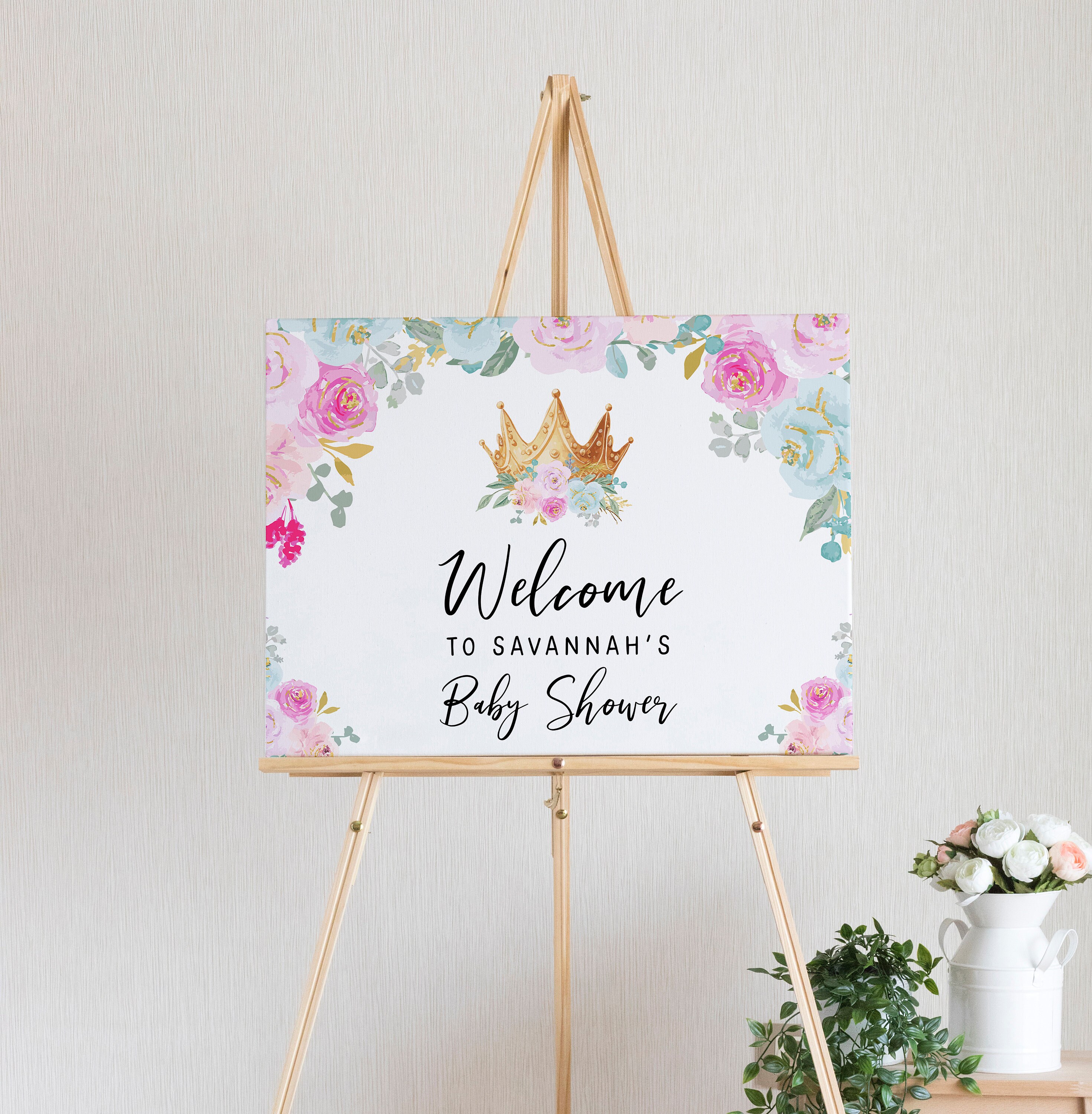 Editable Princess Baby Shower Welcome Sign, Pink Floral Gold Crown ...