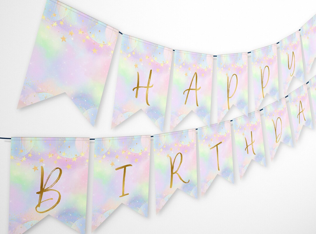 Rainbow Happy Birthday Banner, Gold Sparkle Editable Decoration, Galaxy ...