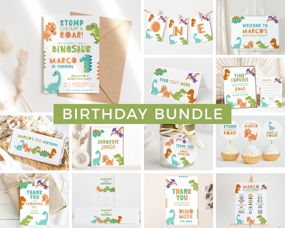 Editable Dinosaur Birthday Party Bundle, Jurassic T-rex Brontosaurus ...