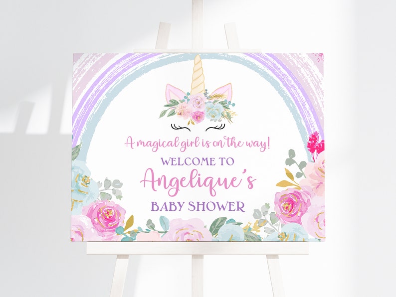 Baby Shower Welcome Sign, Rainbow Unicorn Floral Pink & Purple Editable ...