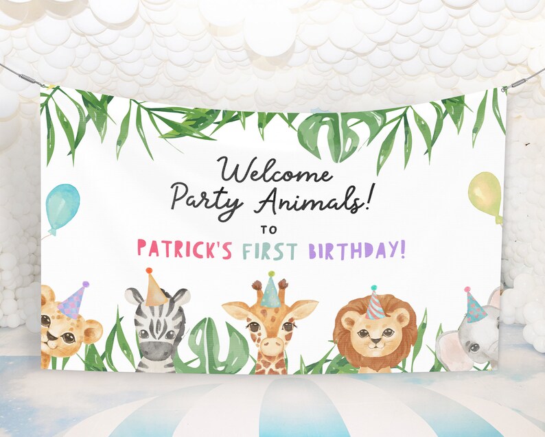 Editable Party Animals Birthday Backdrop Banner, Safari Animals Welcome ...