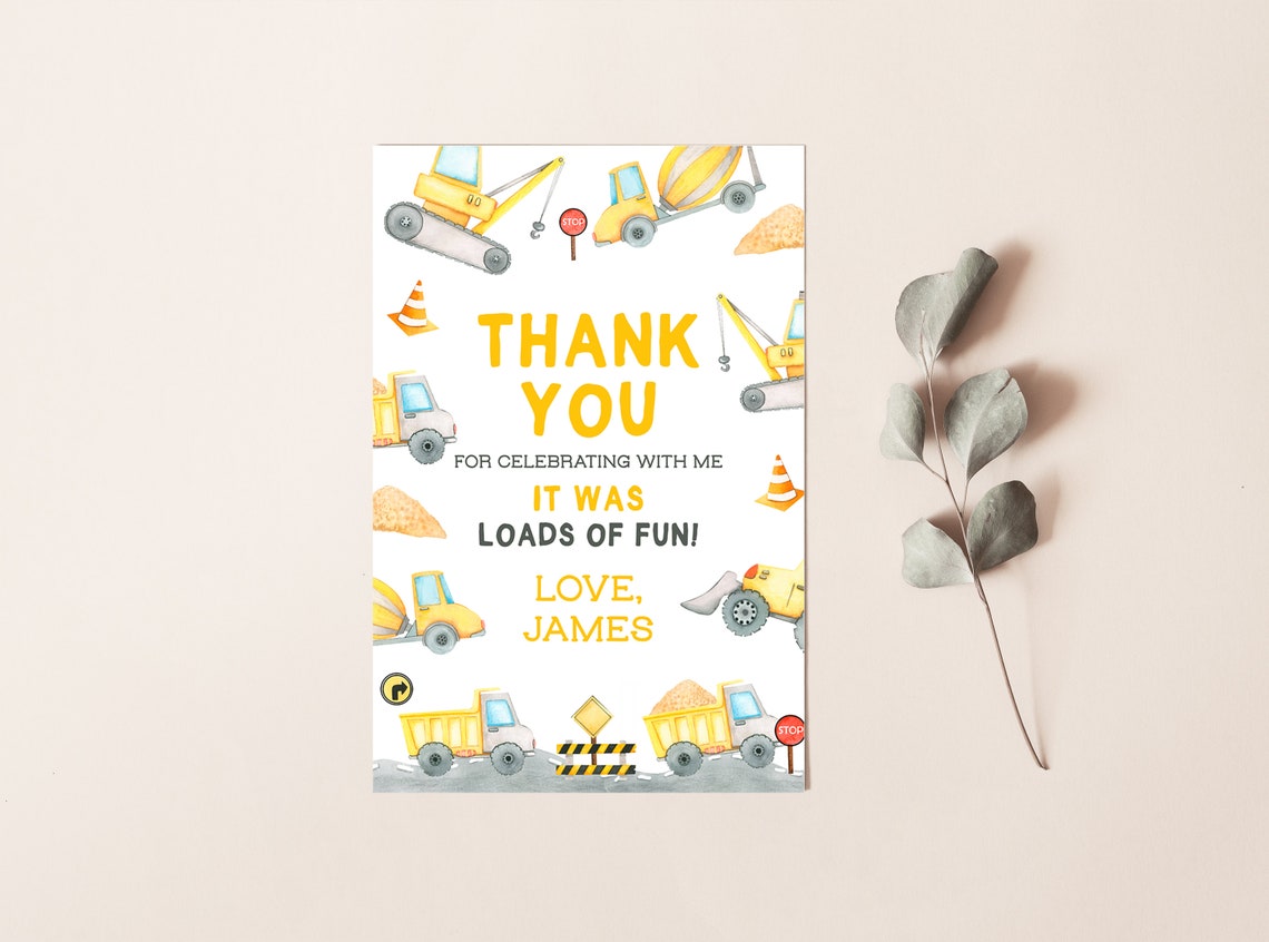 Construction Thank You Card Template, Excavator Dump Truck Digger, Boys ...
