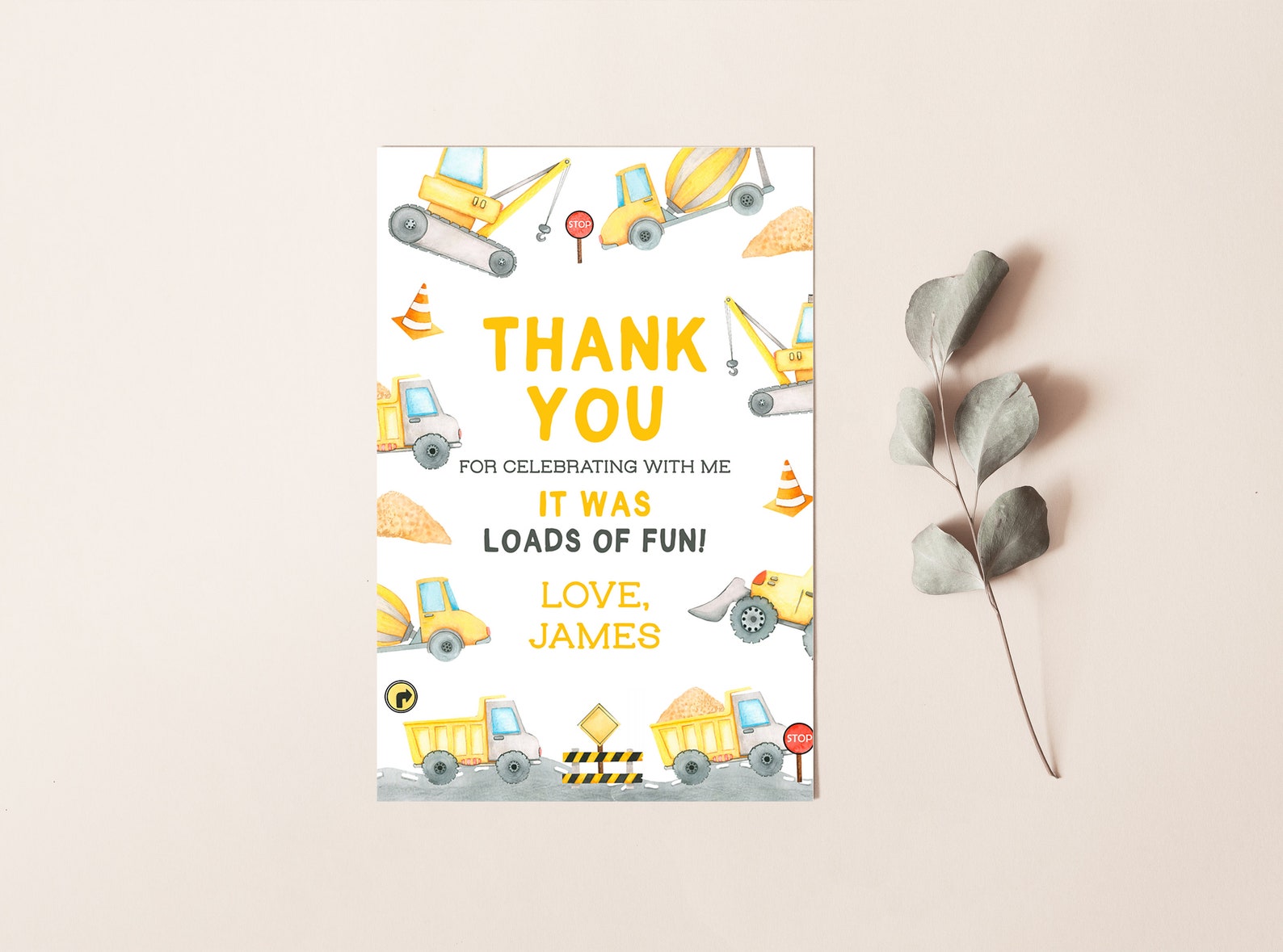Construction Thank You Card Template, Excavator Dump Truck Digger, Boys ...