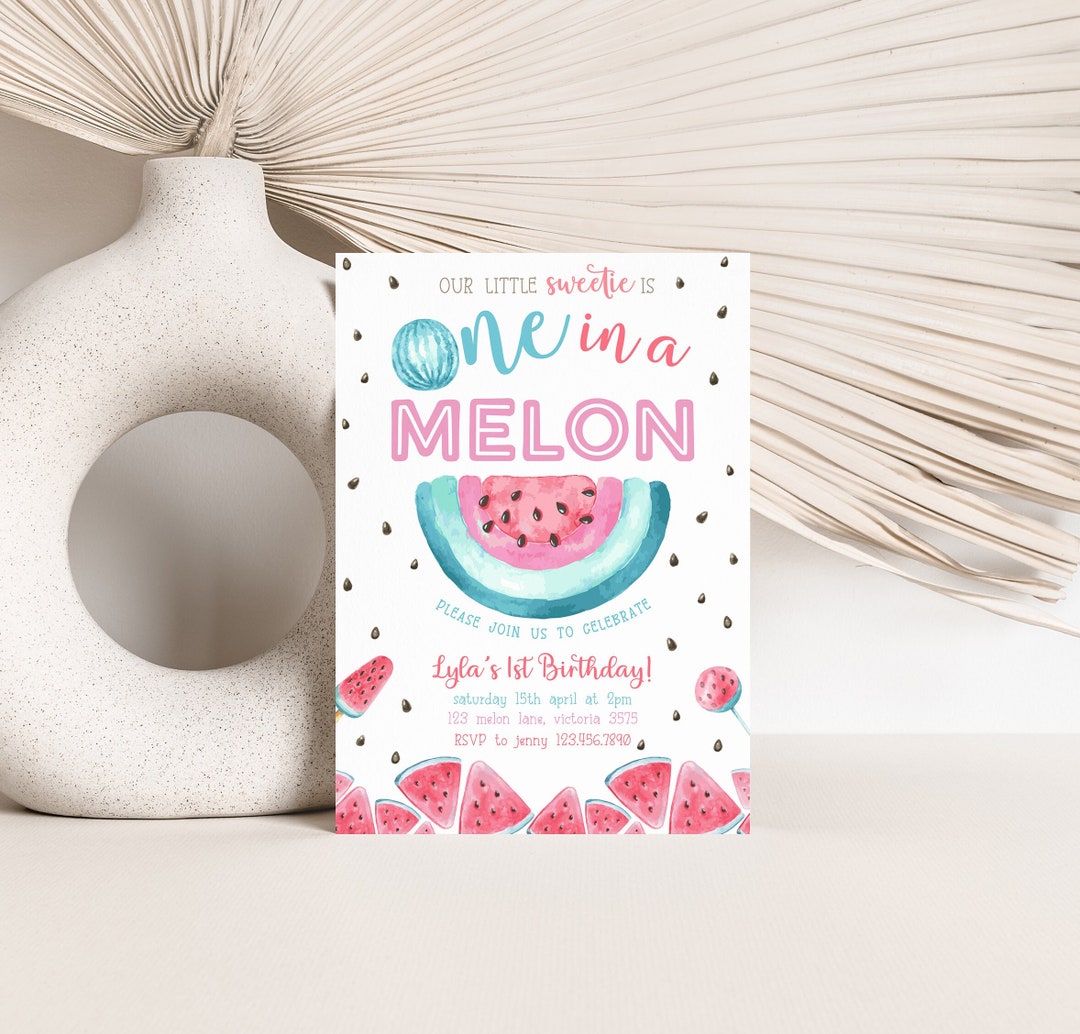 Editable Watermelon Invitation Template, One in a Melon 1st Birthday ...