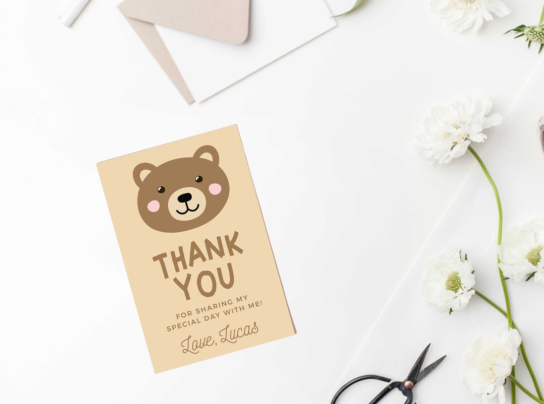 Birthday Thank You Card, Teddy Bear Editable Printable Instant Download ...