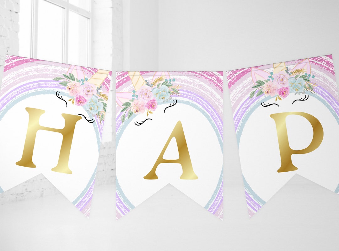 Printable Unicorn Birthday Banner, Editable Instant Download Rainbow ...