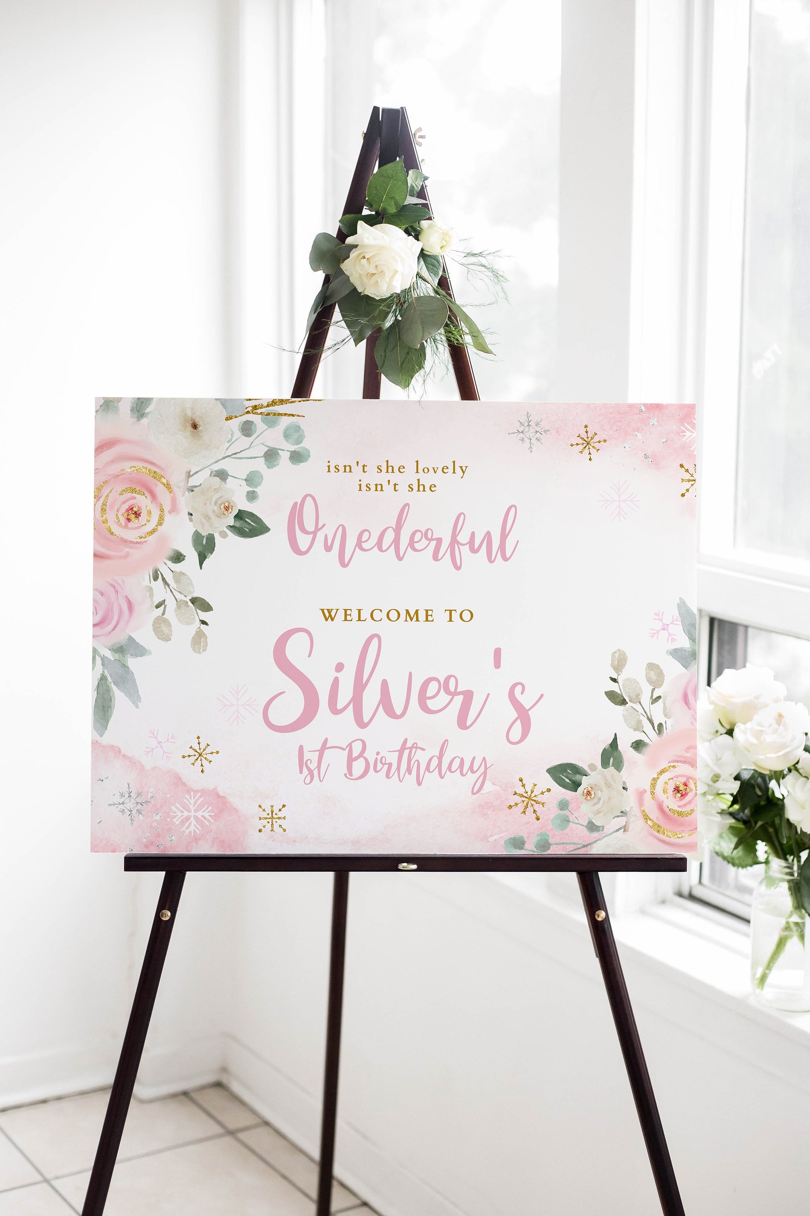 1st Birthday Welcome Sign, Watercolor Floral Pastel Pink Gold Instant ...