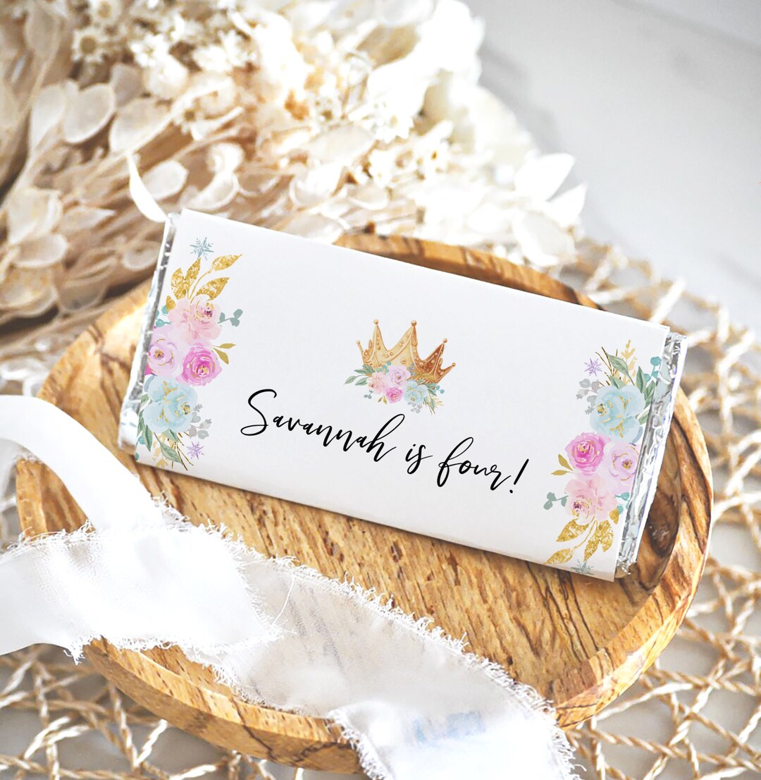 Editable Princess Chocolate Wrapper Template, Pink Floral Gold Crown ...